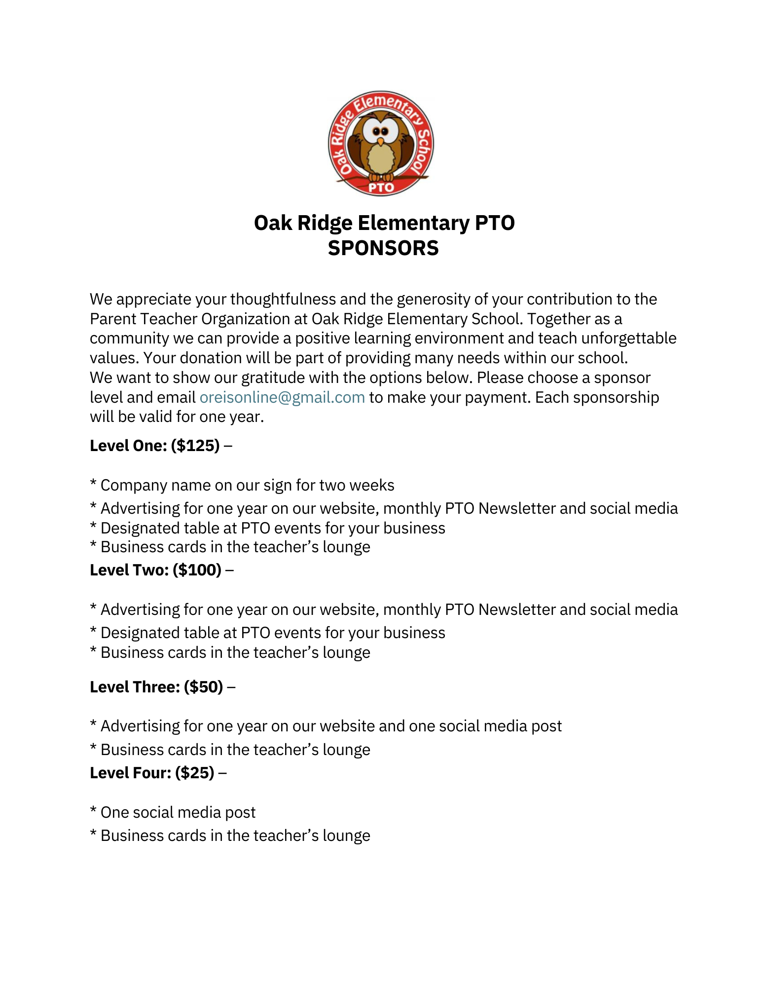 Support PTO – Oak Ridge Elementary PTO